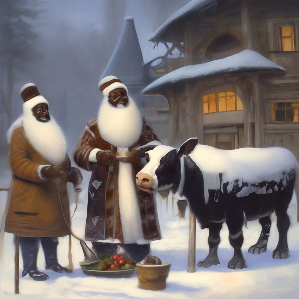 "Two fat Africans sculpt a snowman, a village vegetable garden, a cow ...