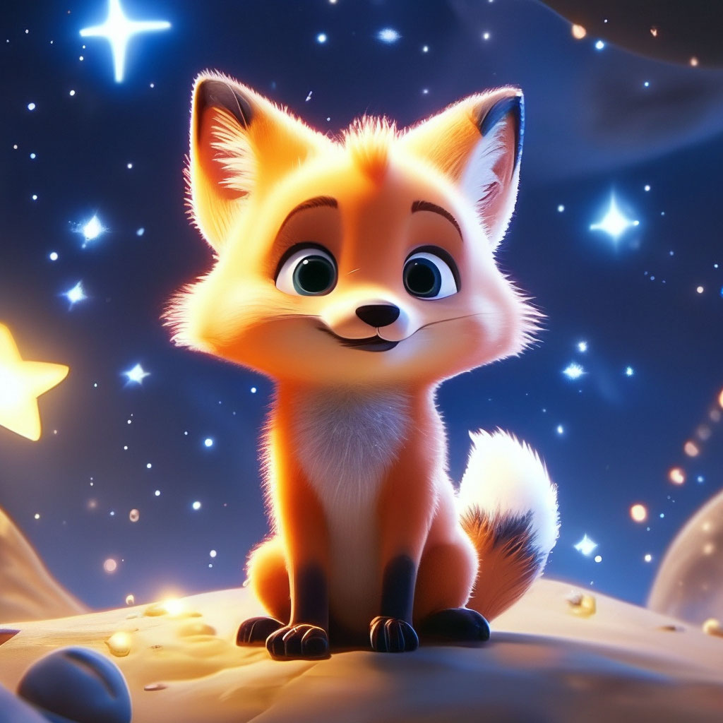 "Mega-cute fox cub catches stars, space, moon, cosmic dust, delight ...