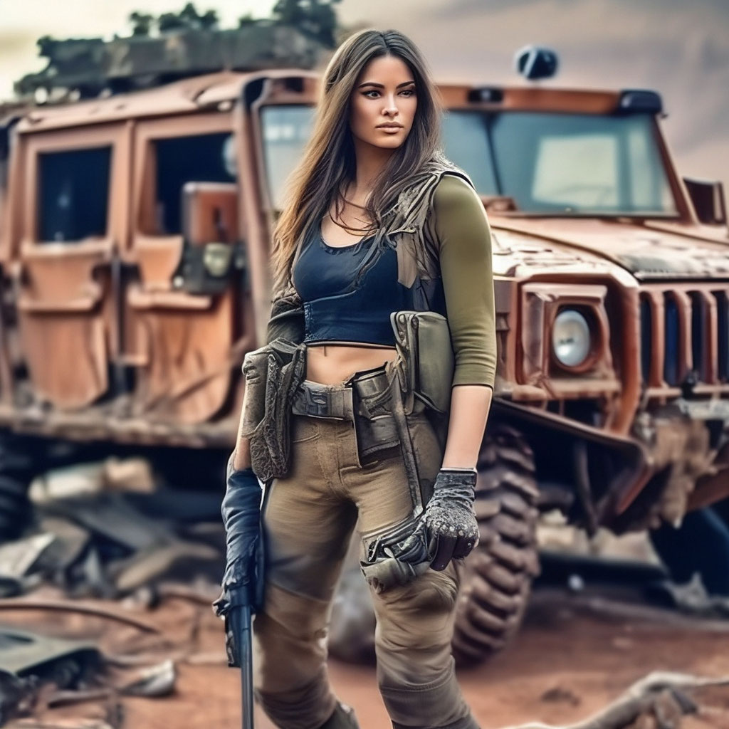"Realistic, beautiful sniper girl stands behind an old, rusty, broken ...