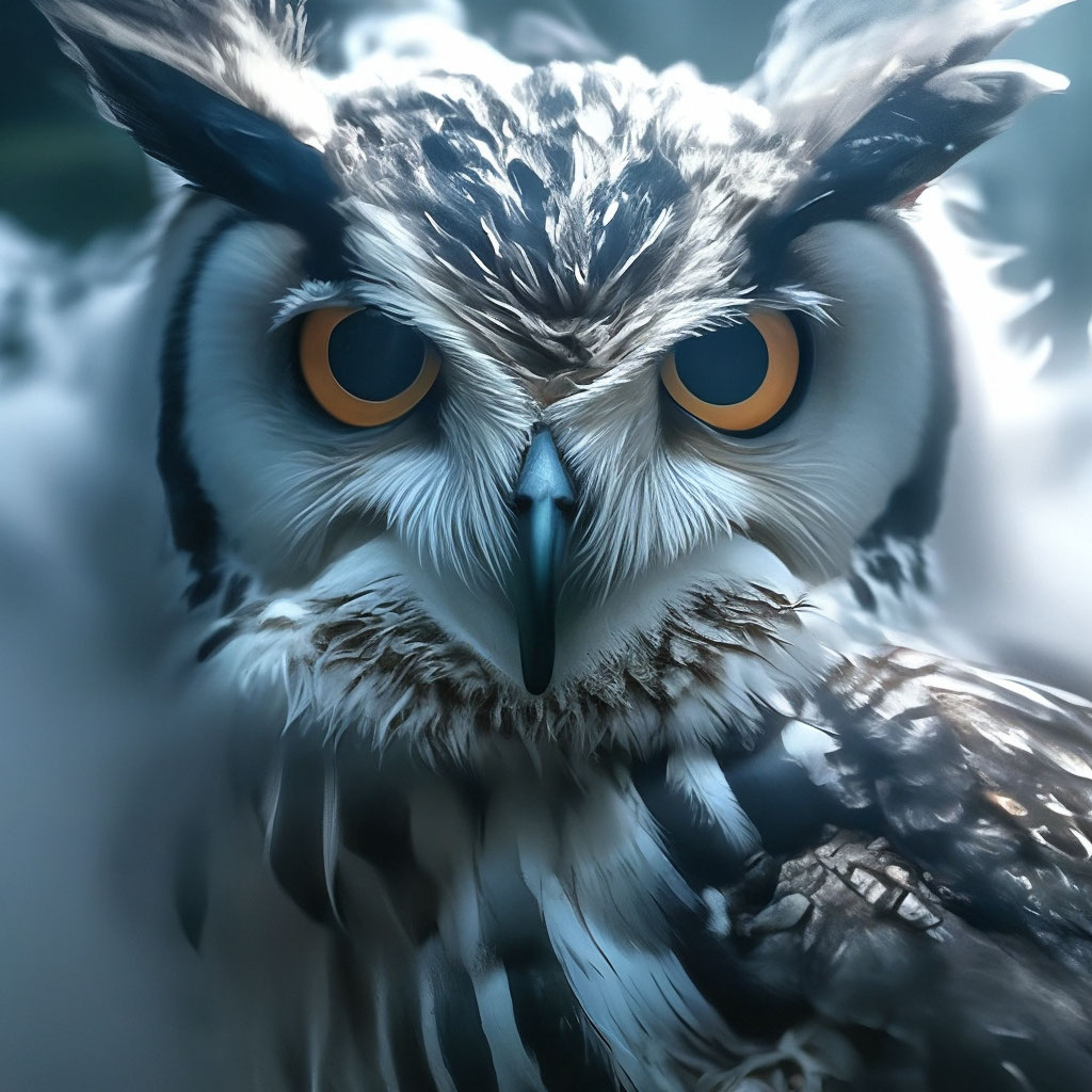 "Hyperrealism, beautiful foggy, consisting of smoke spectacular owl ...