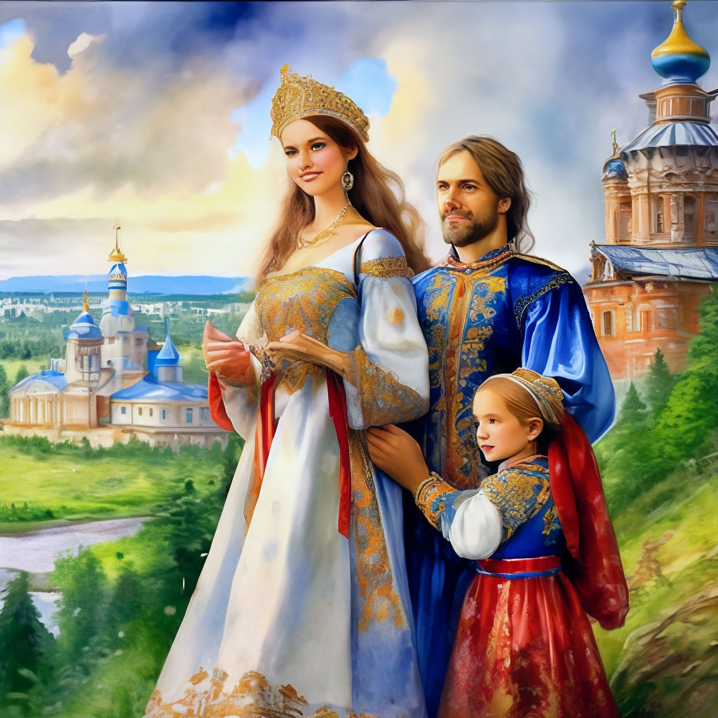 "Russian Russian princess with children and husband Vityaz, watercolor ...