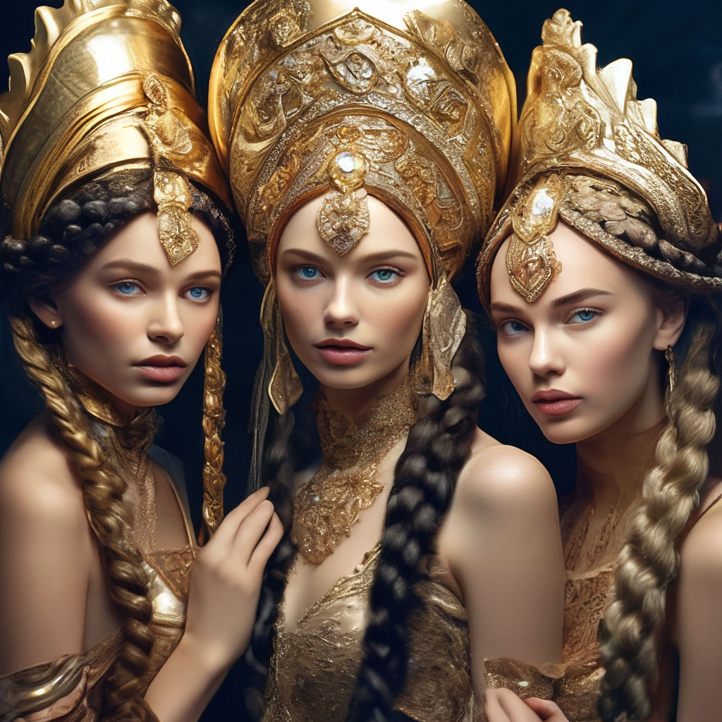 "Three Russian princesses of the underworld with braids , in kokoshniks ...