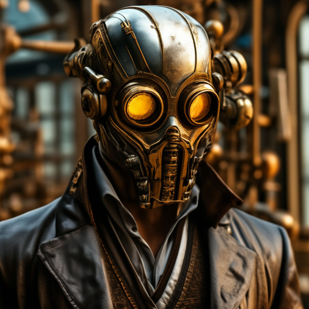 "Gloomy inventor, face hidden under a metal mask, steampunk, 125k, high ...