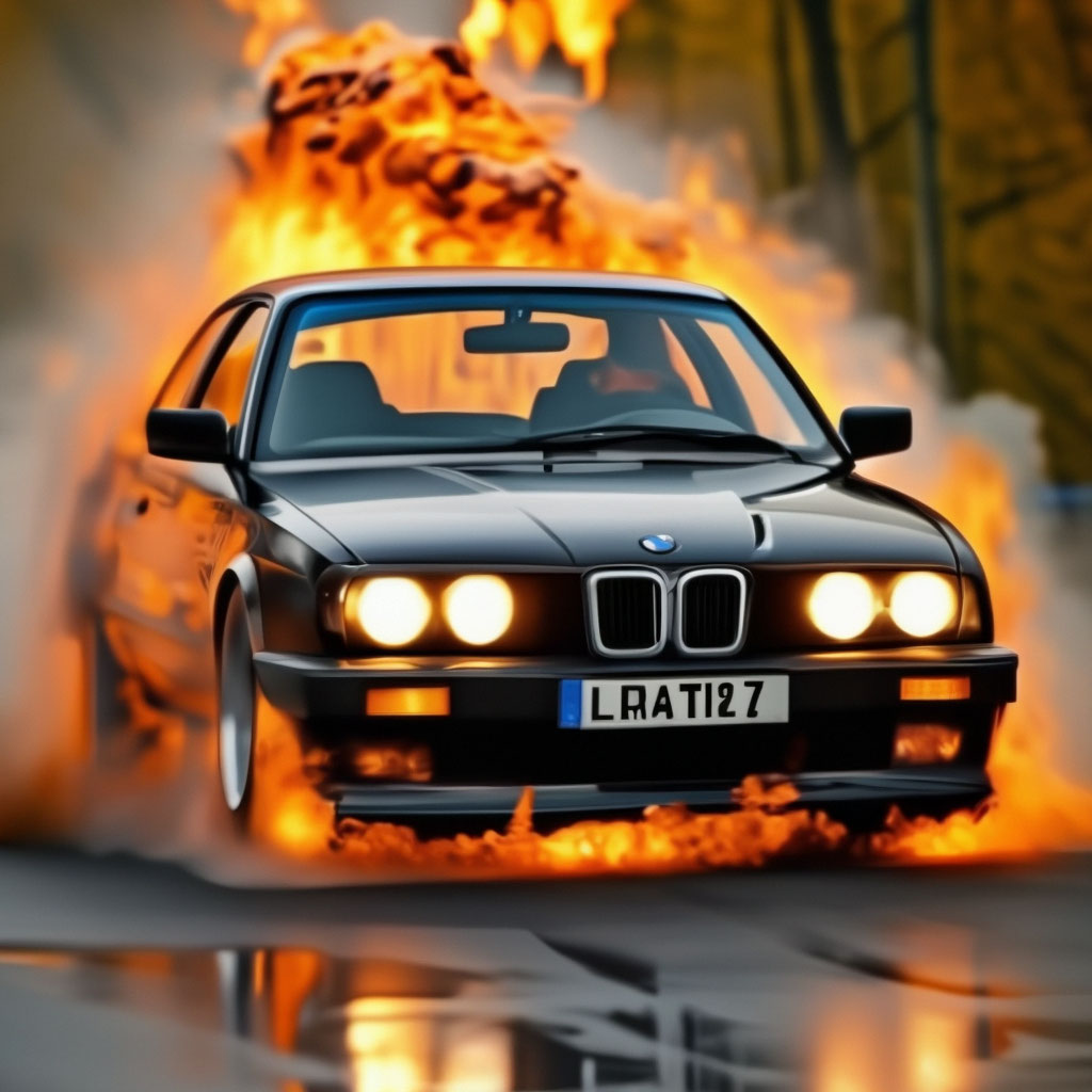 "BMW E37 Explodes realistically, fire" — image created in Shedevrum