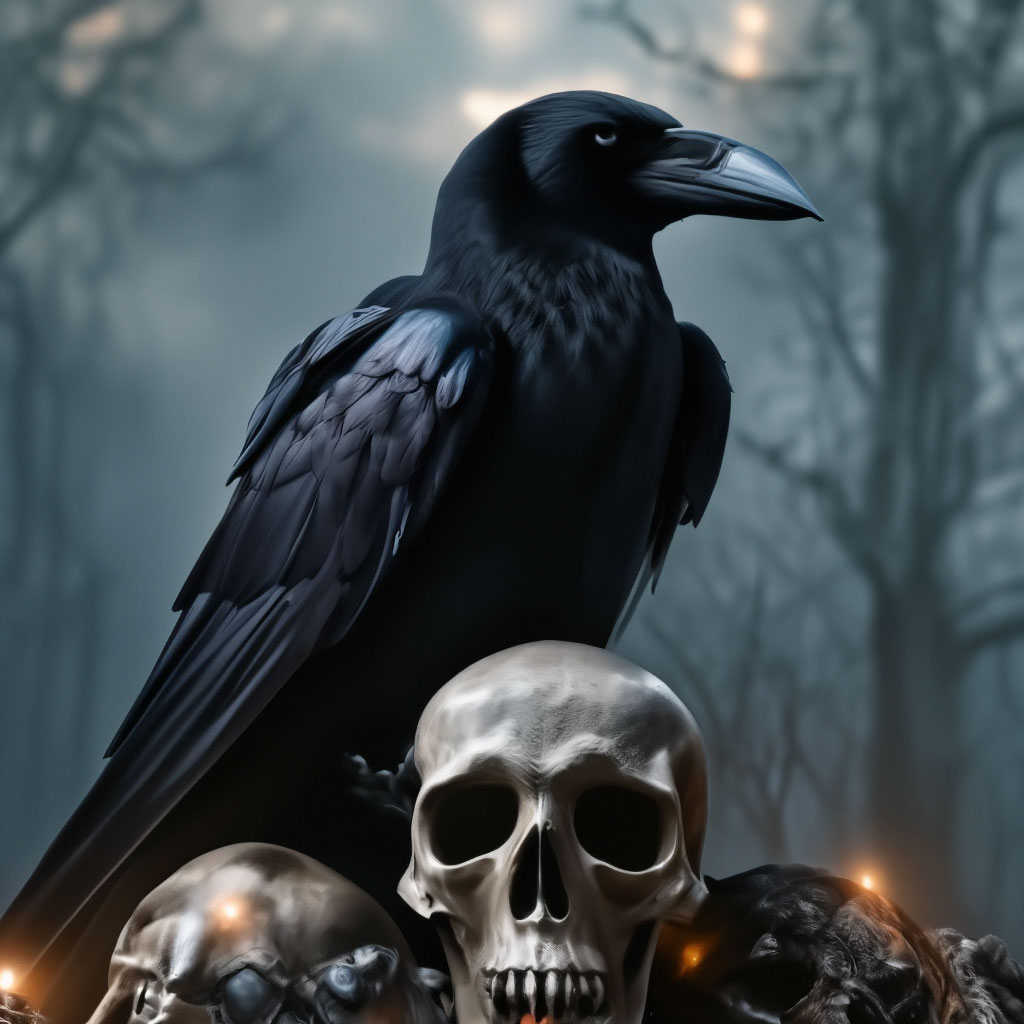 "ANCIENT HORROR, BLACK RAVEN, sitting on a skull, From Afar, full ...