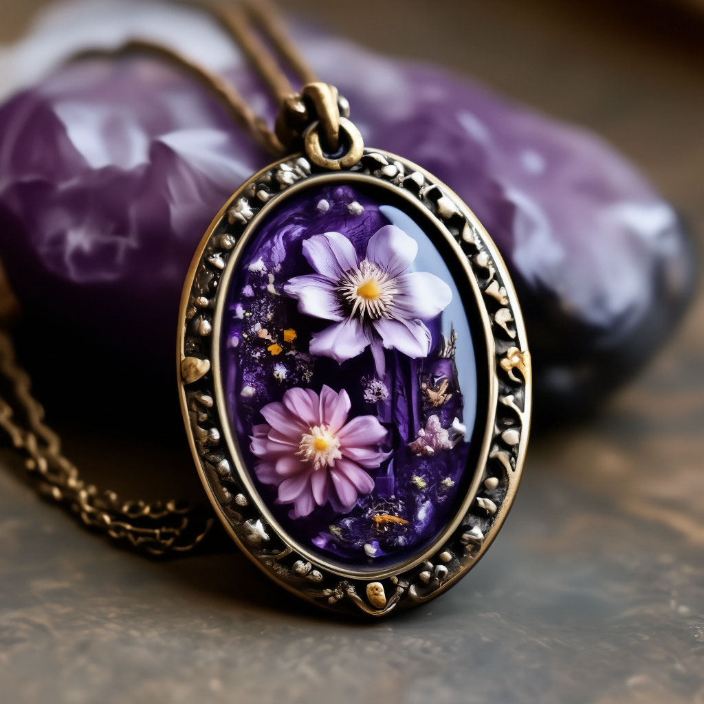 "Oval pendant on a thin violet flower chain inside" — image created in ...