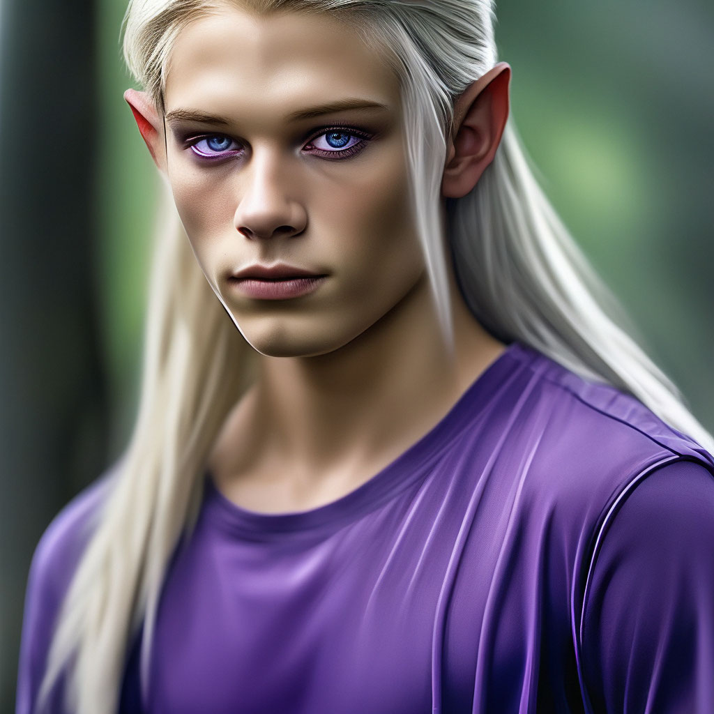 "20 year old elf boy, very long blond hair gathered in a ponytail ...