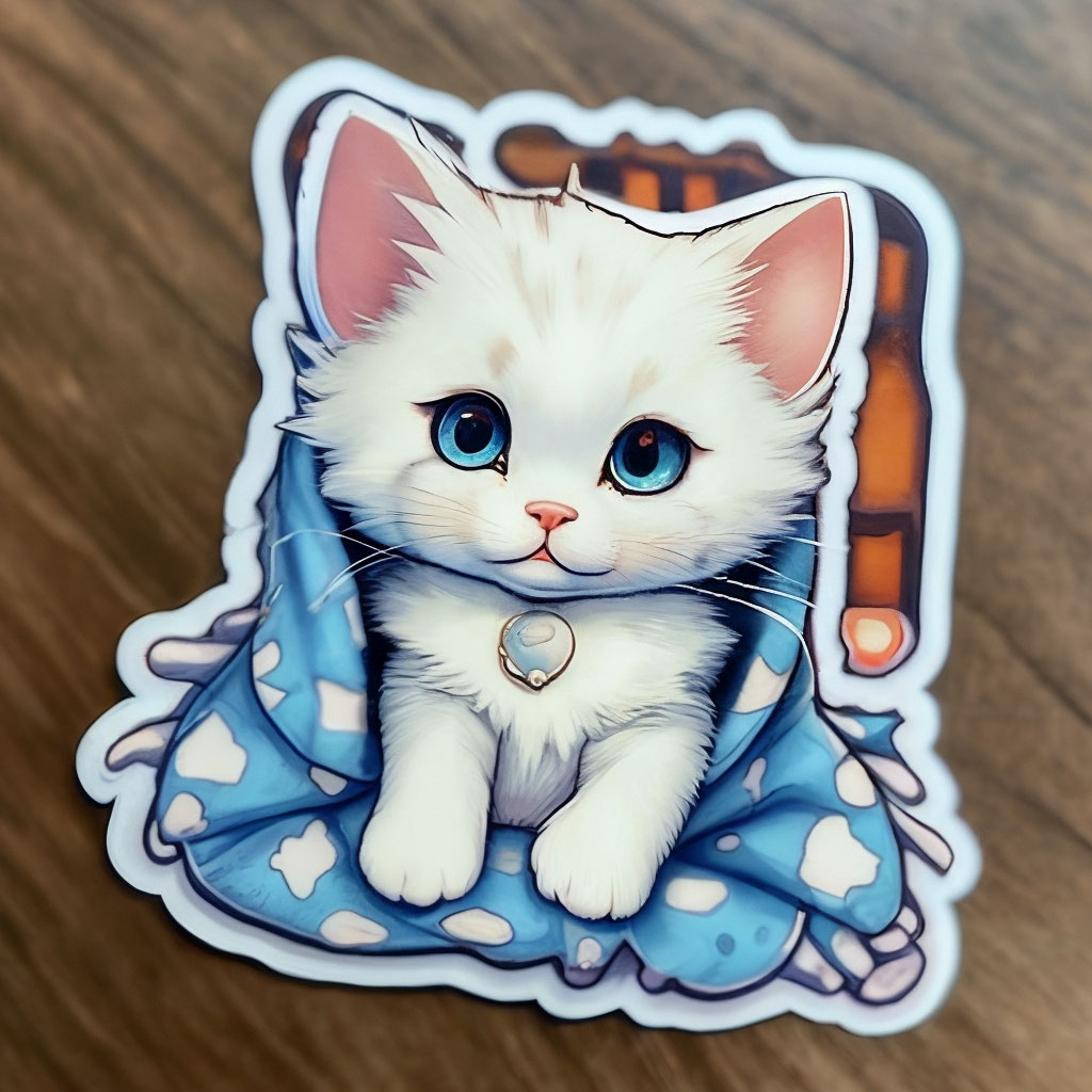 "Sticker, white kitty under the blanket" — image created in Shedevrum