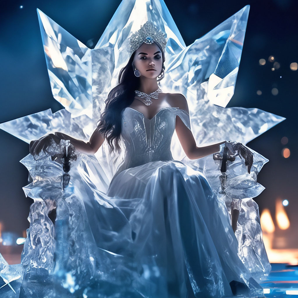"Digital art, fantasy, crystal queen in a crystal dress on a crystal ...