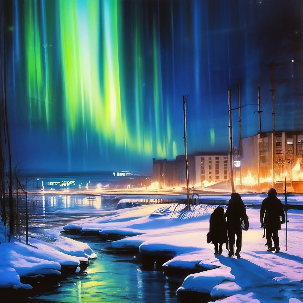 "Polar night,Russia, Murmansk, Northern Lights, near the river ...