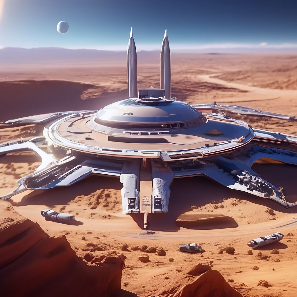 "Starbase, hangar, starships, realistic, aliens, planet, desert terrain ...