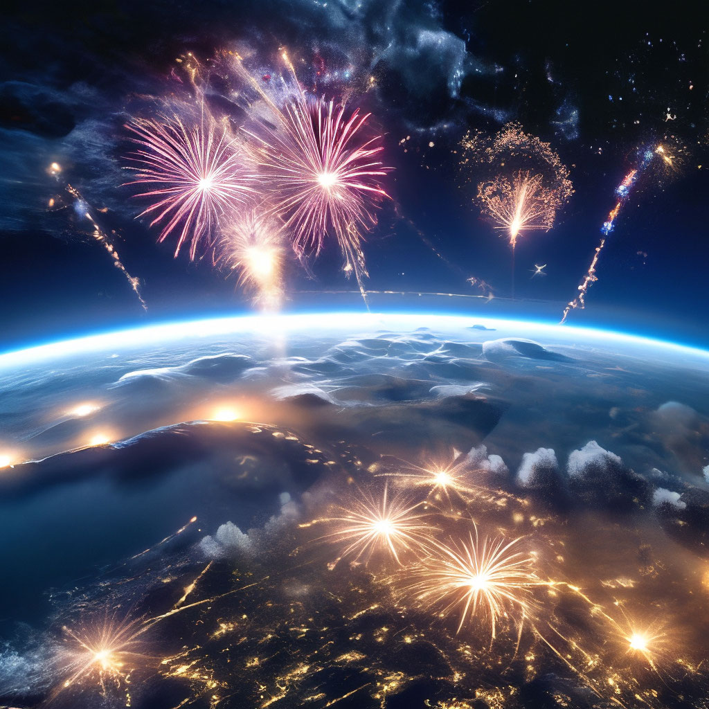 "Fireworks on planet earth view from space" — image created in Shedevrum