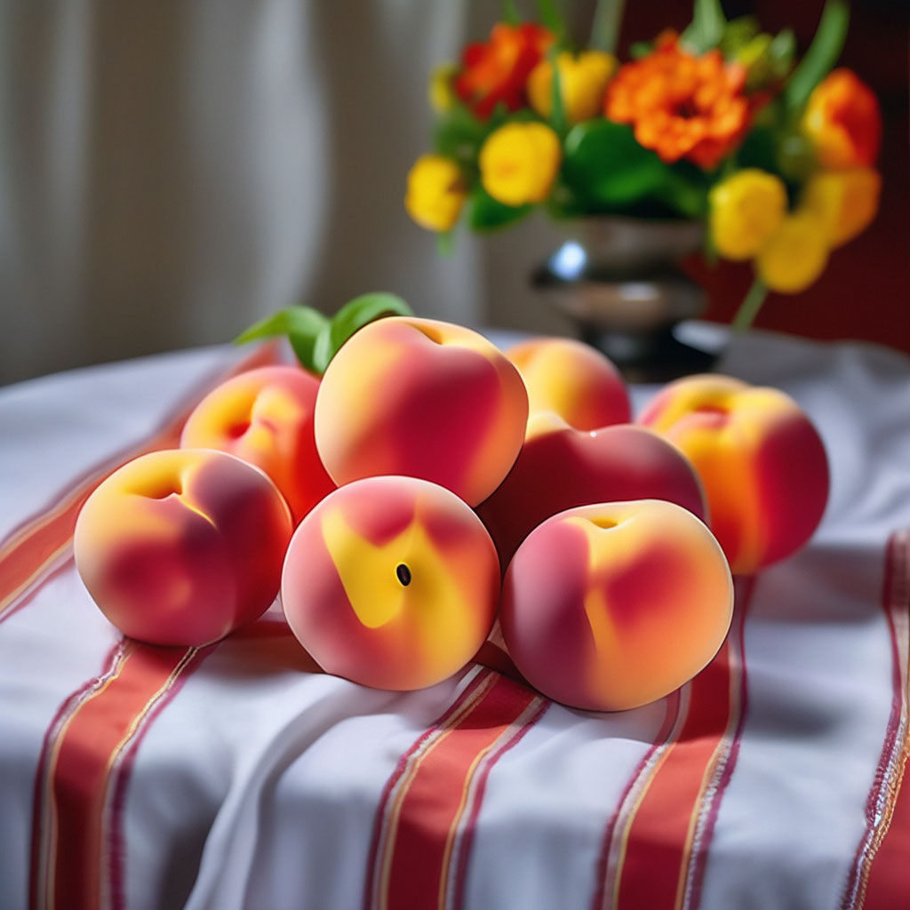 "Bright beautiful peaches juicy on a beautiful tablecloth" — image ...