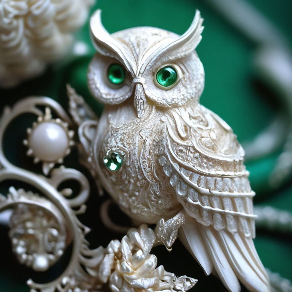 "A snow-white owl with emerald eyes, a full-length bone carving.a ...