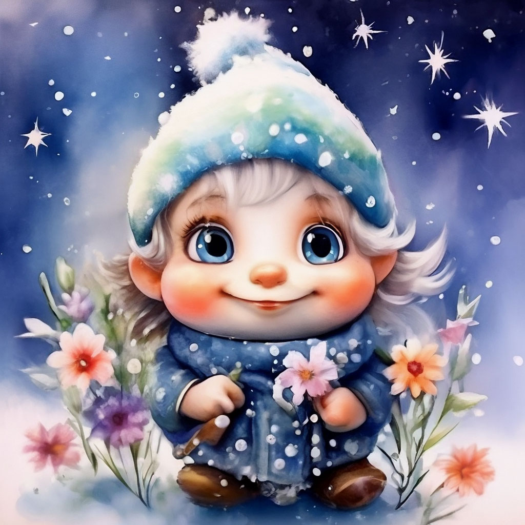 "Watercolor, realistic, Cute, kind dwarf with big eyes,snowflakes ...