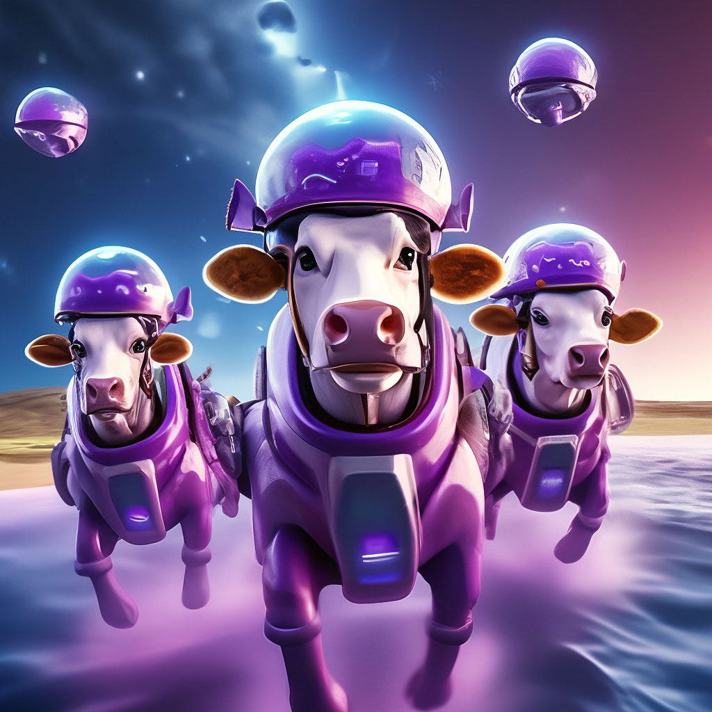 "Hyperrealism, happy purple space cows in spherical helmets flying ...