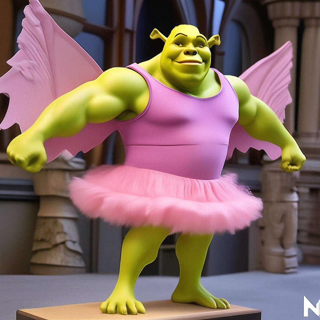 "Muscular Shrek in a pink skirt, pink slippers, fairy wings on his back ...
