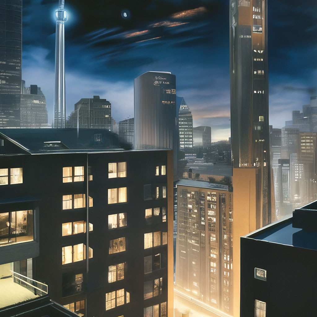 "View of the night high-rise buildings from the roof of the house ...