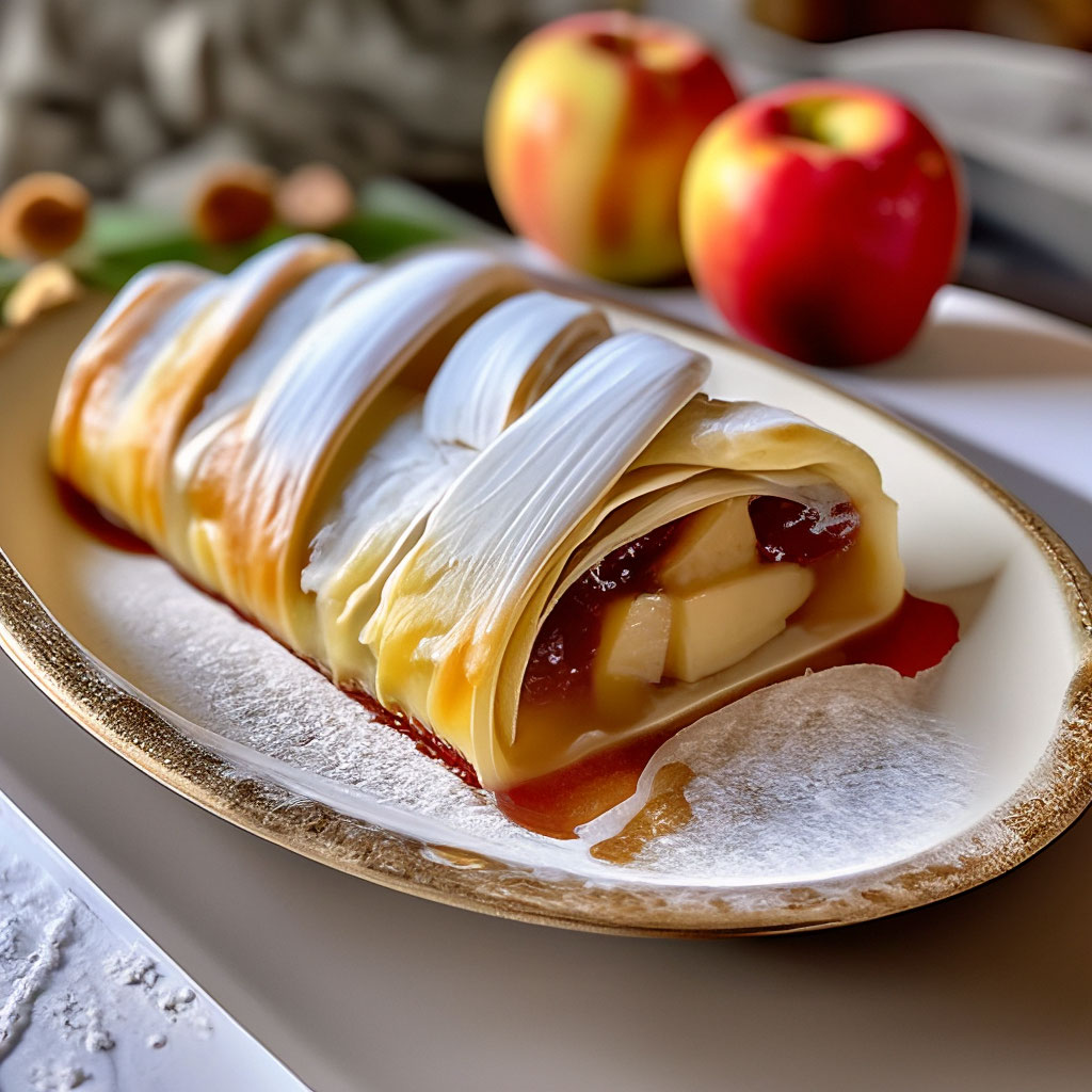 "Apple strudel with transparent jam on an oval dish sprinkled with ...