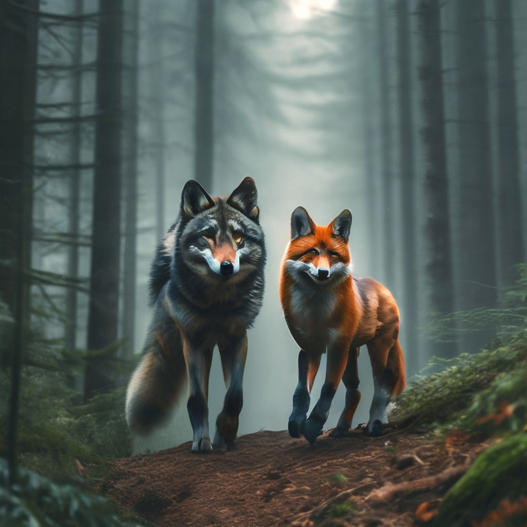 "Wolf and fox walking through the forest together, beautiful ...