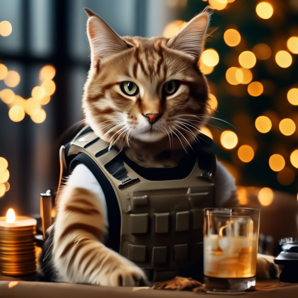 "A combat cat in a bulletproof vest with a shot of vodka and a BMP ...