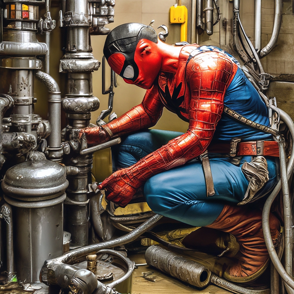 "Spider-man repairs plumbing like a master for an hour" — image created ...