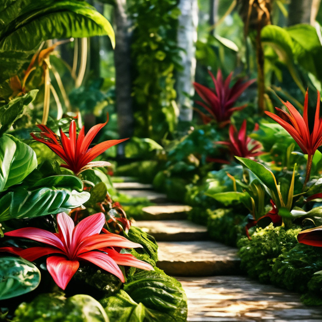 "Intricate garden with tropical plants, aesthetically pleasing ...
