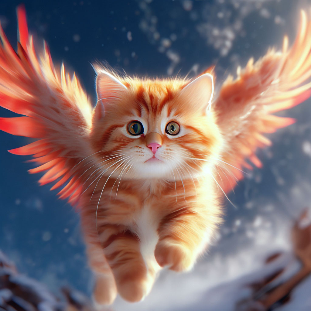 "Fluffy,cute,ginger cat,lenses,red wings,flying up,smoke,foreground ...