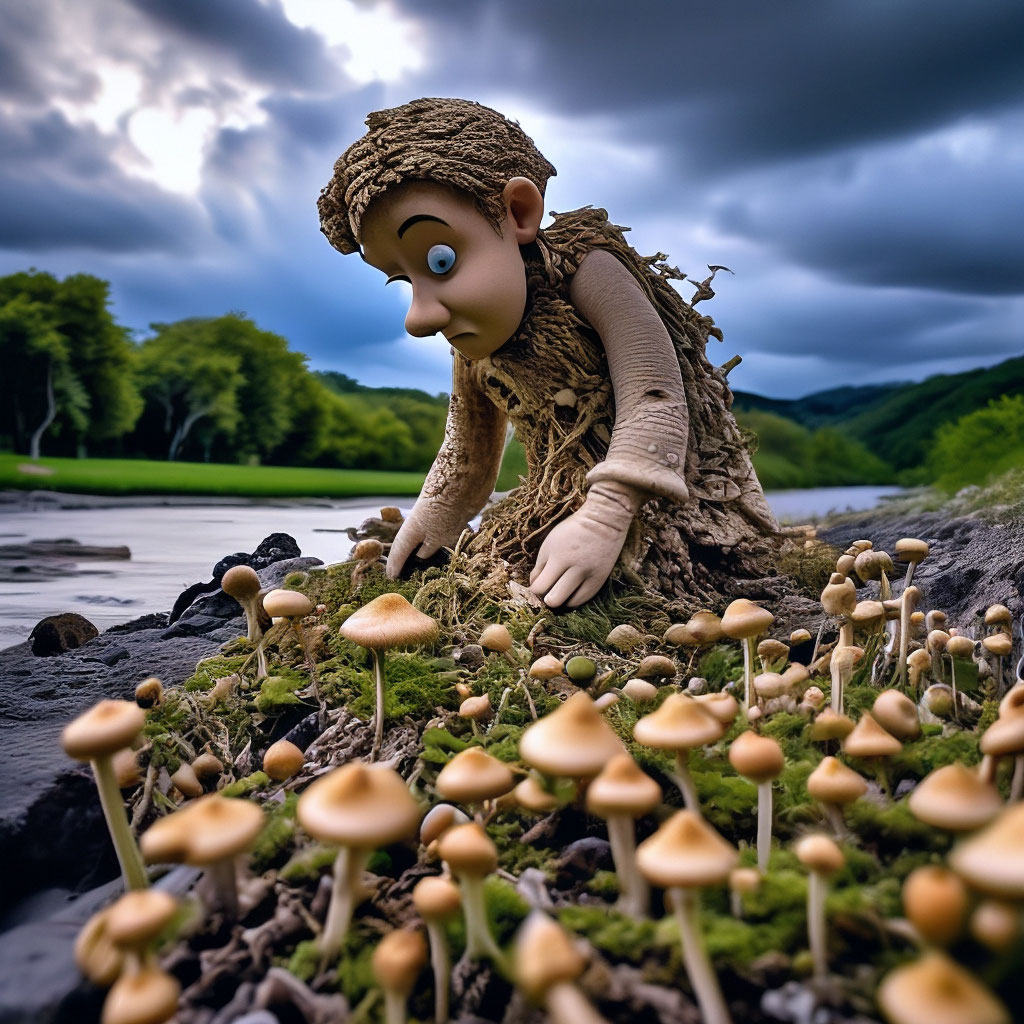 "Pinocchio's body overgrown with small mushrooms lies on a rocky ...