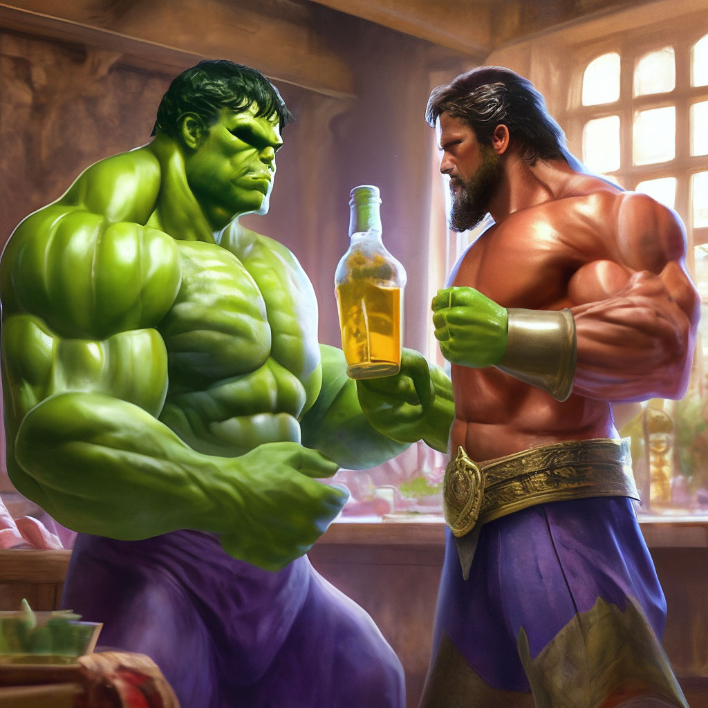 "The ancient Russian hero treats the Hulk with vodka" — image created ...