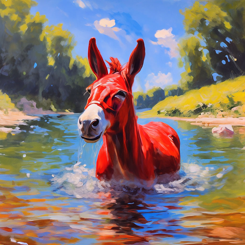 "Bathing a red donkey in the river on a sunny summer day" — image ...