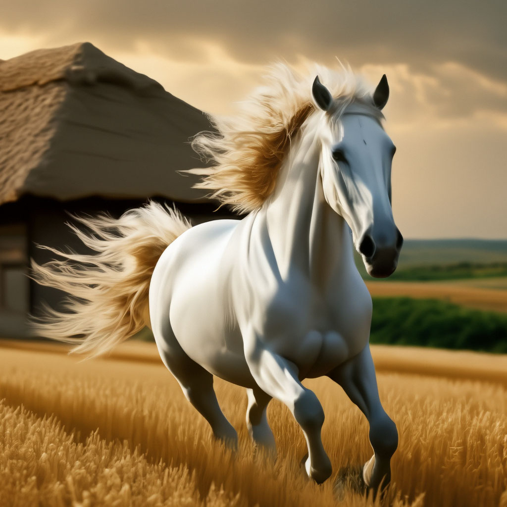 "A white horse gallops through a wheat field, a white clay house ...