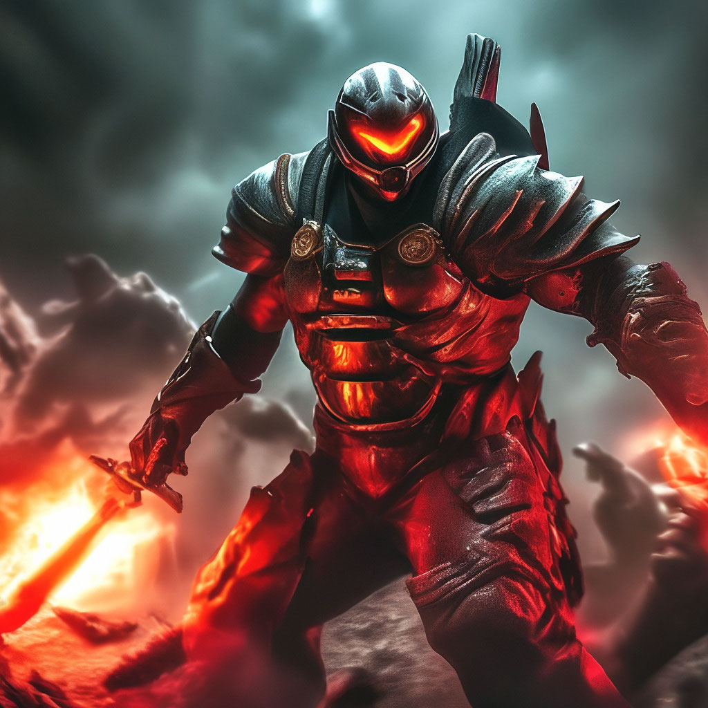"DOOMguy, in hell, kills demons" — image created in Shedevrum