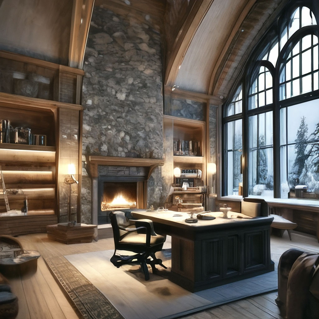 "🕶️ the interior of the study in castle style, coziness, comfort, snow ...