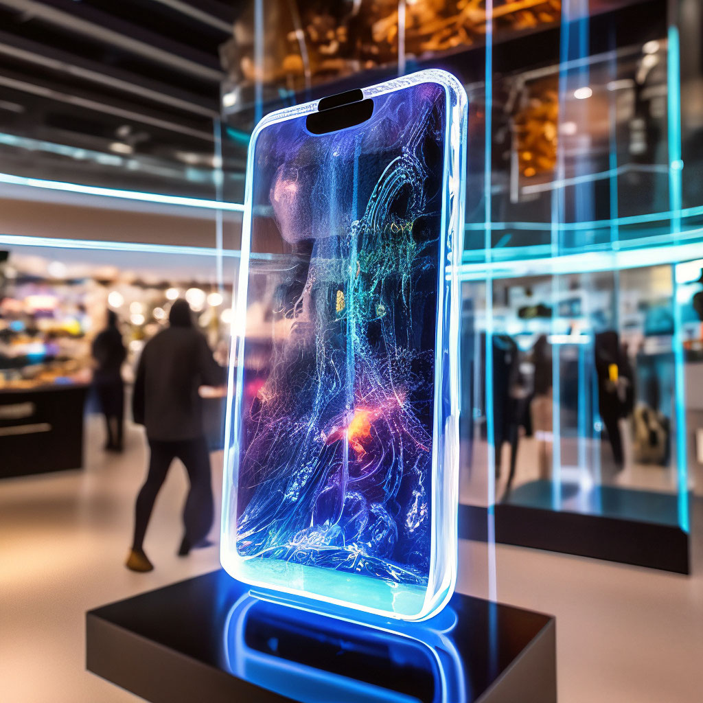 "Smartphone design,hologram,style,smartphone,on a demonstration stand ...