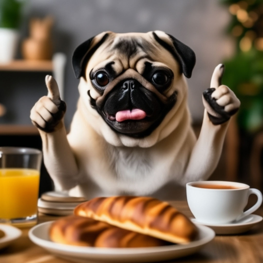 "The pug shows the class with his paw and smiles, a delicious breakfast ...