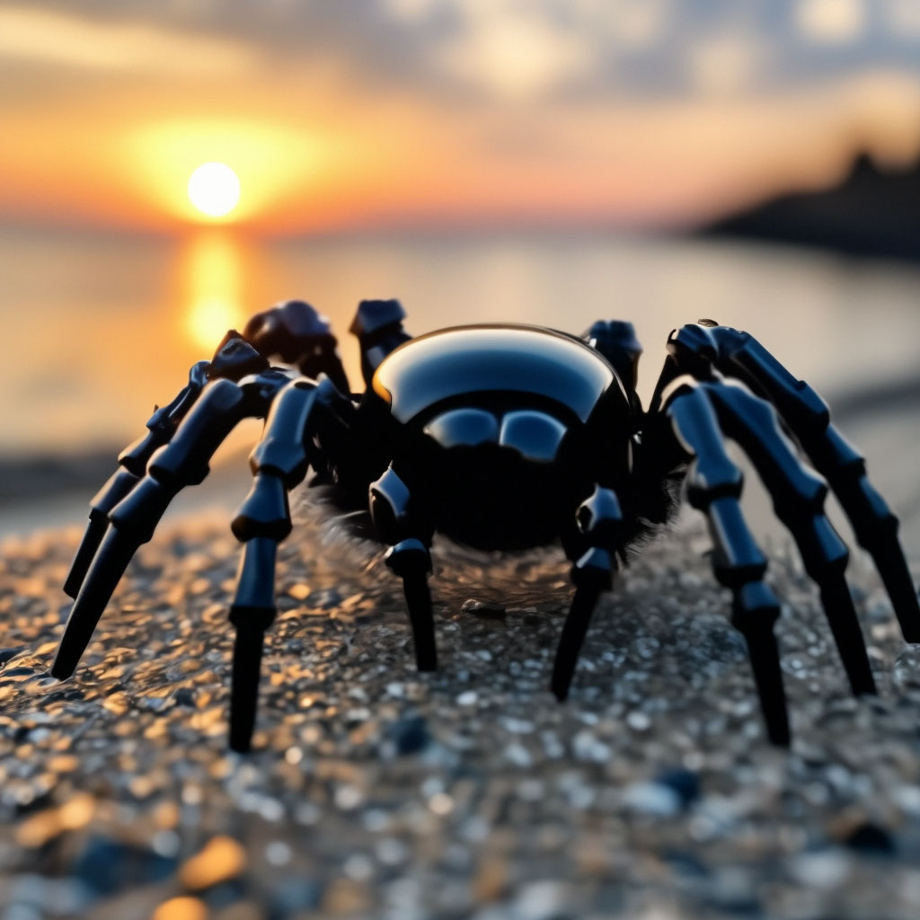 "A black spider is lying on the shore. The spider is made of glass ...