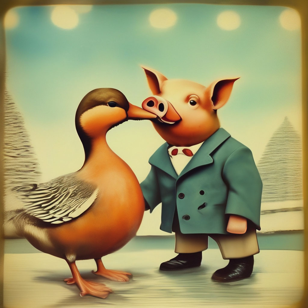 "Piggy with duck love" — image created in Shedevrum