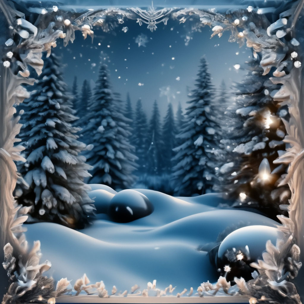 "Filigree transparent frosty frame. There are snow-covered fir trees ...
