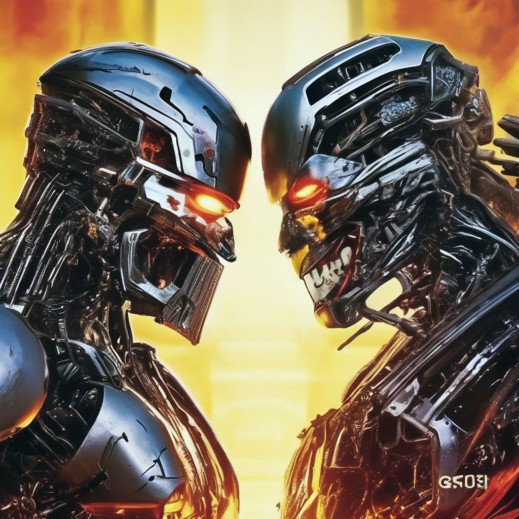 "Brutal, black cyborg in helmet vs terminator, movie poster" — image ...