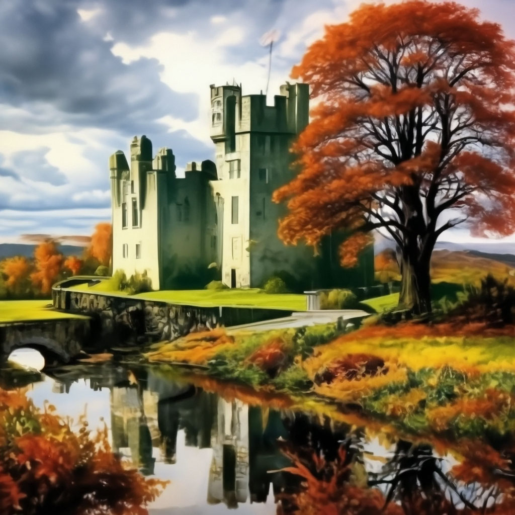 "Irish castle, autumn, fields around, flowers, trees, beautifully ...