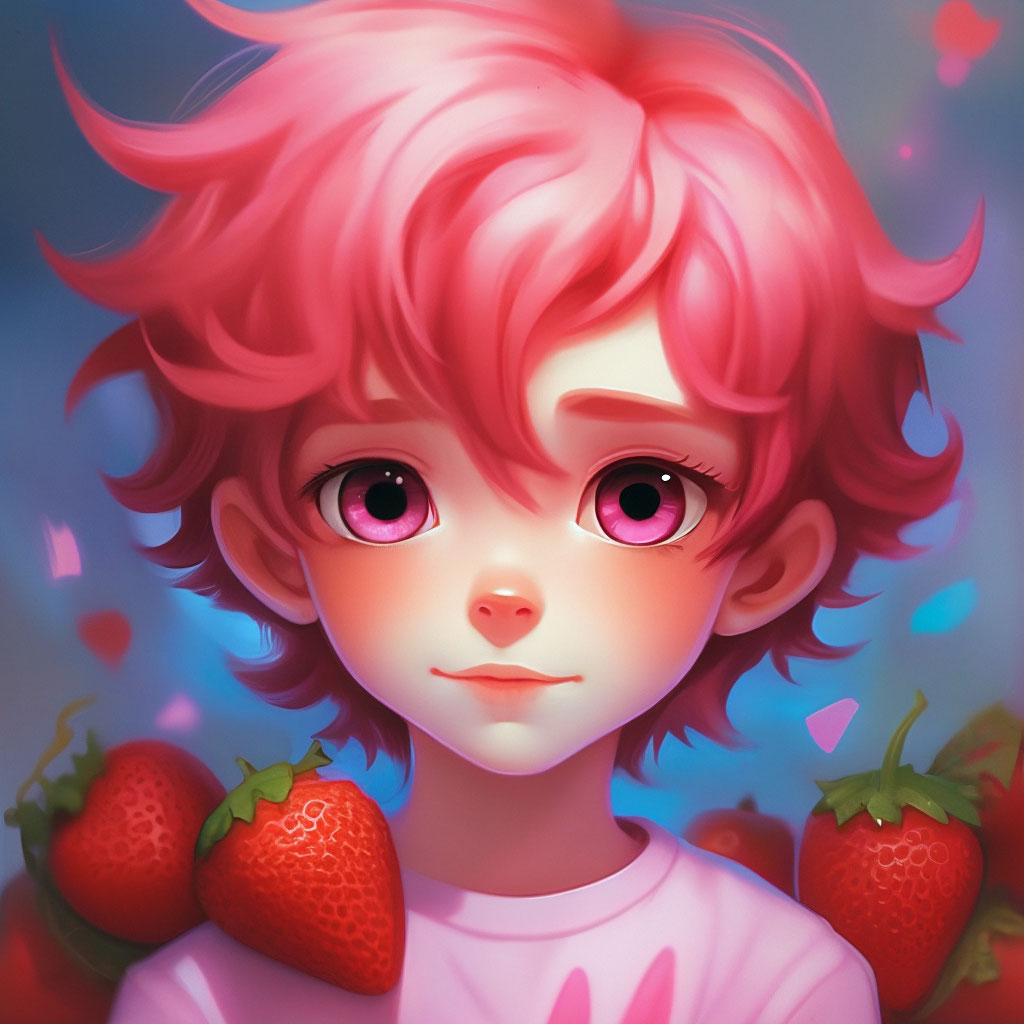 "Strawberry boy, with pink eyes" — image created in Shedevrum