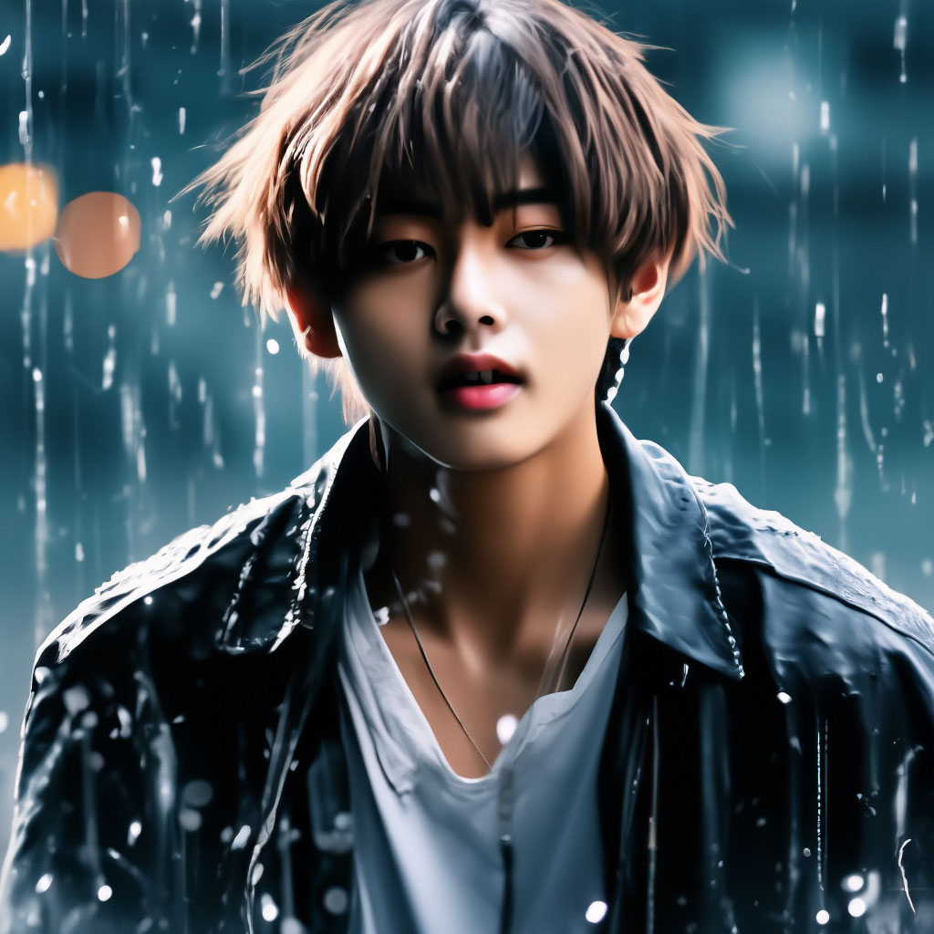 "Taehyung BTS happy dancing in the rain" — image created in Shedevrum