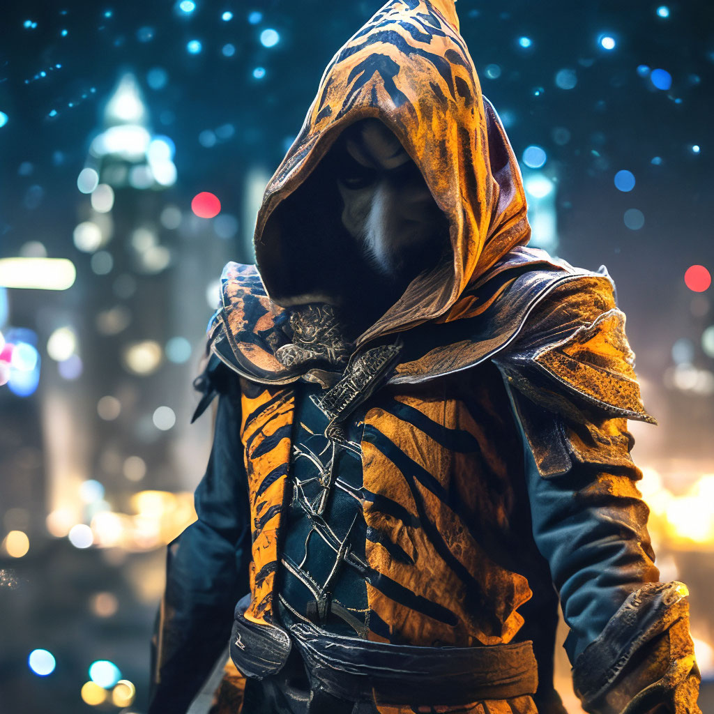 "Tiger-hooded assassin,stars, city" — image created in Shedevrum