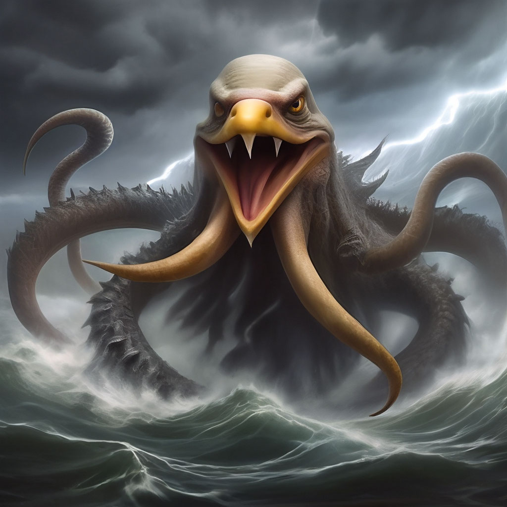 "Kraken with a duck's beak, ultra realism, duck's beak, 3 eyes, on the ...