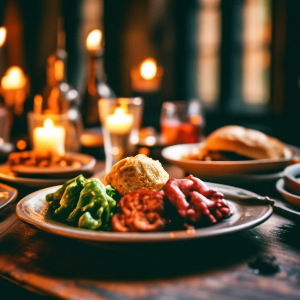 "Dinner at Hogwarts, lots of delicious food, film photography, light on ...