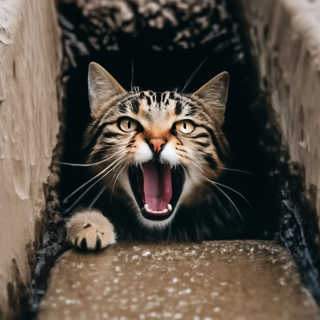"The cat is stuck in the pit and screams" — image created in Shedevrum