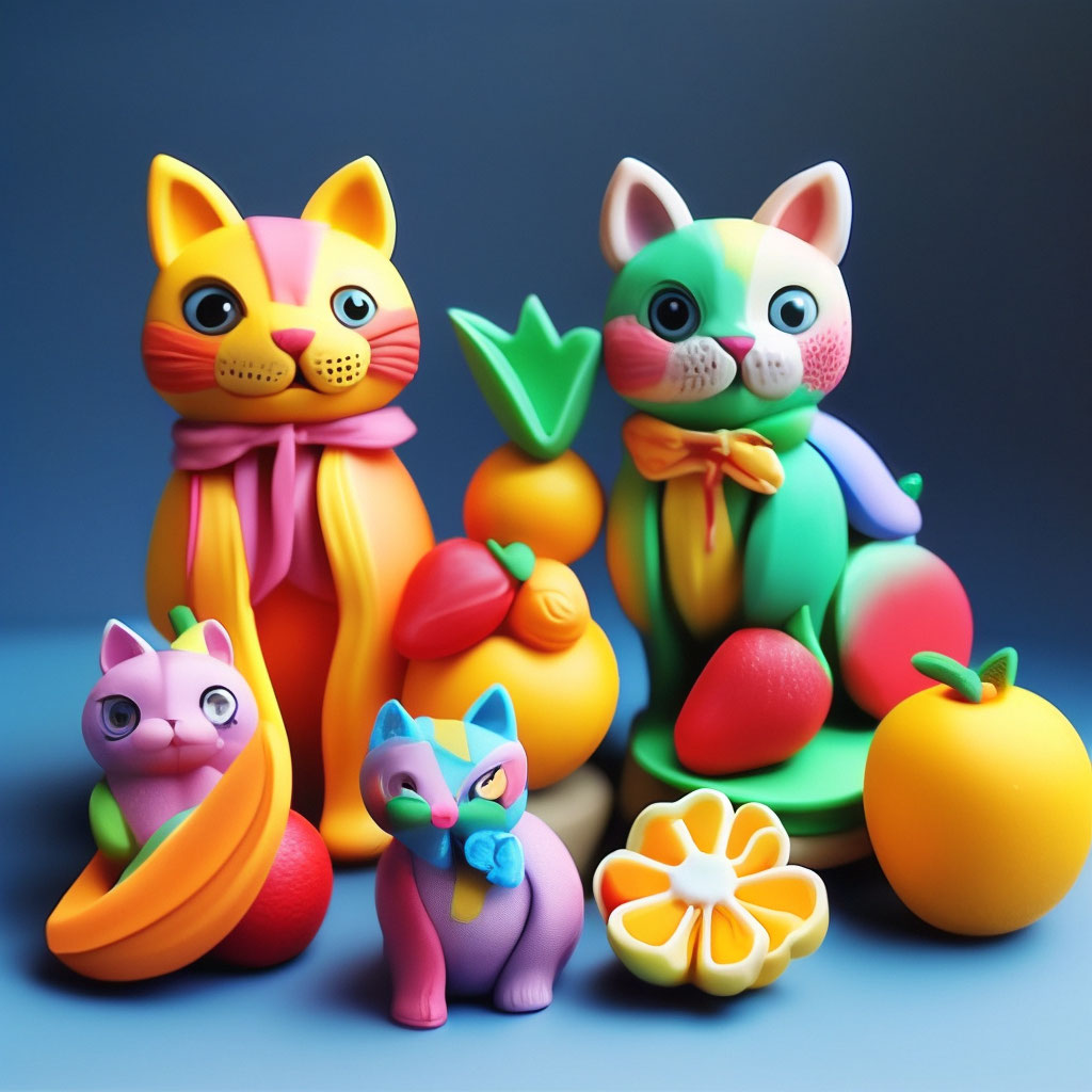 "Cats and fruits, modeling technique from colored plasticine ...