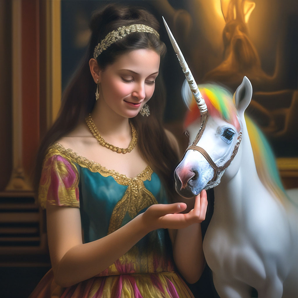 "A lady with a very tiny mini unicorn on her palm, a painting by ...