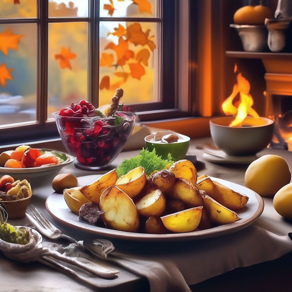 "Delicious fried potatoes with meat, vegetable salad, compote ...